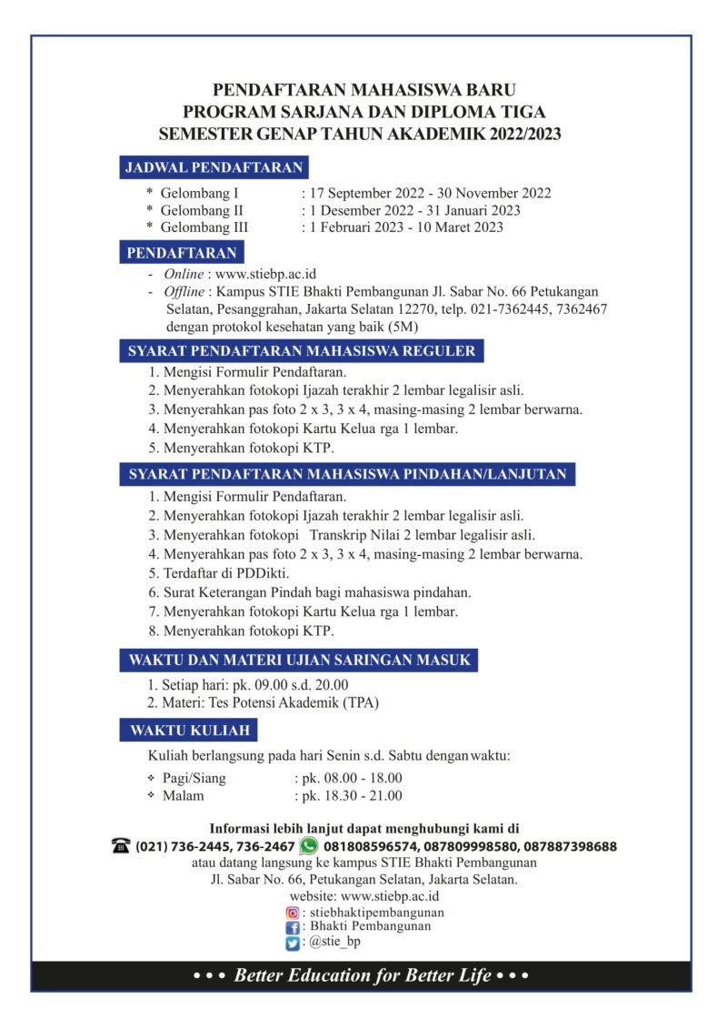 Informasi Pendaftaran Mahasiswa Baru Semester Genap 2022/2023 | STIE BHAKTI PEMBANGUNAN